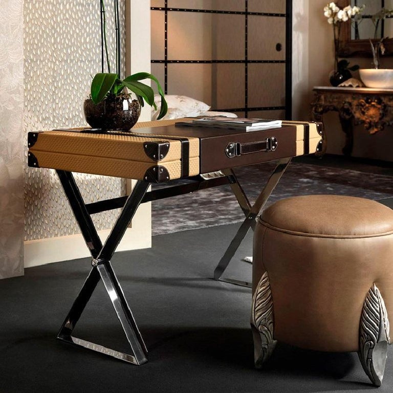 Handmade Desk in Custom Engraved Leather and Steel Finishes For Sale at ...