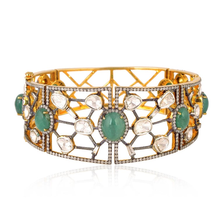Handmade Emerald Diamond Bangle in 18k Gold and Silver For Sale at 1stDibs