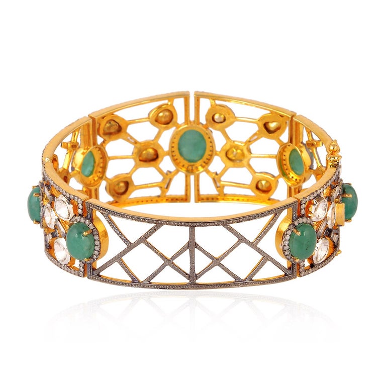 Handmade Emerald Diamond Bangle in 18k Gold and Silver For Sale at 1stDibs
