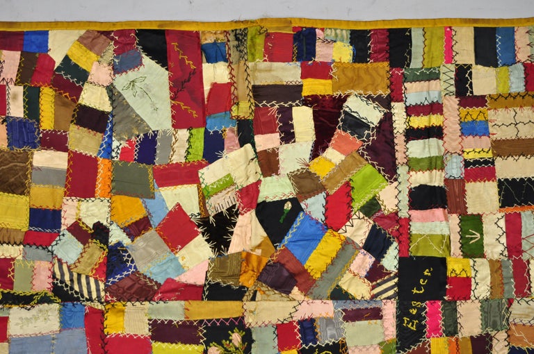 Handmade Folk Art Quilt Comforter Blanket Crazy Patchwork Green Yellow ...