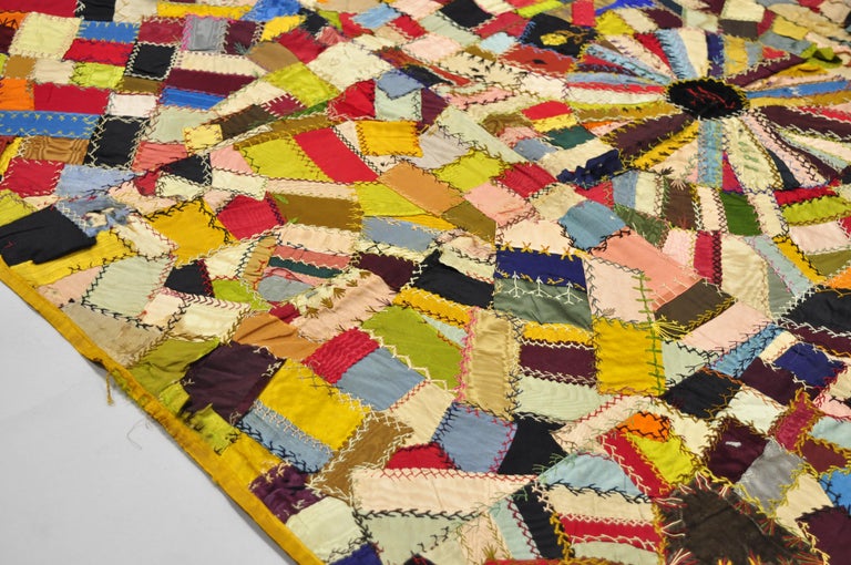 Handmade Folk Art Quilt Comforter Blanket Crazy Patchwork Green Yellow ...