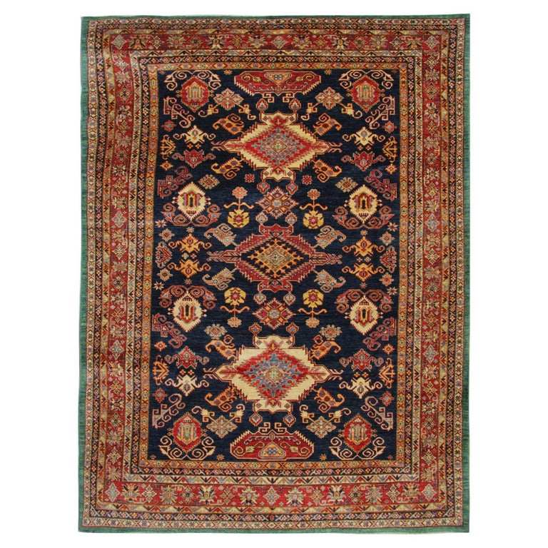 Handmade Geometric Rug, Navy Blue Carpet Traditional Livingroom Rug For ...