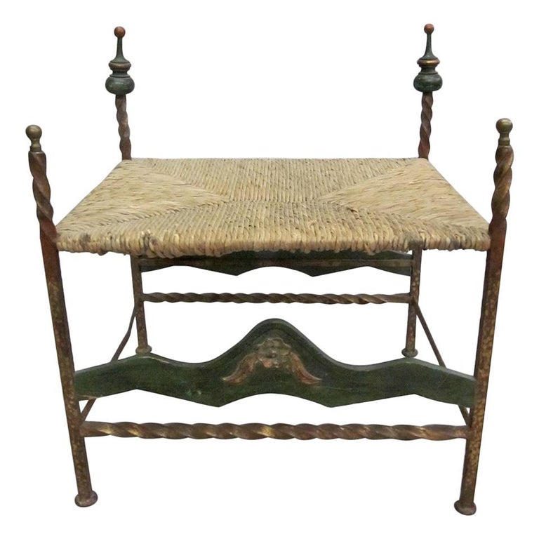 Handmade Italian Midcentury Iron and Straw / Rattan Stool or Bench For ...