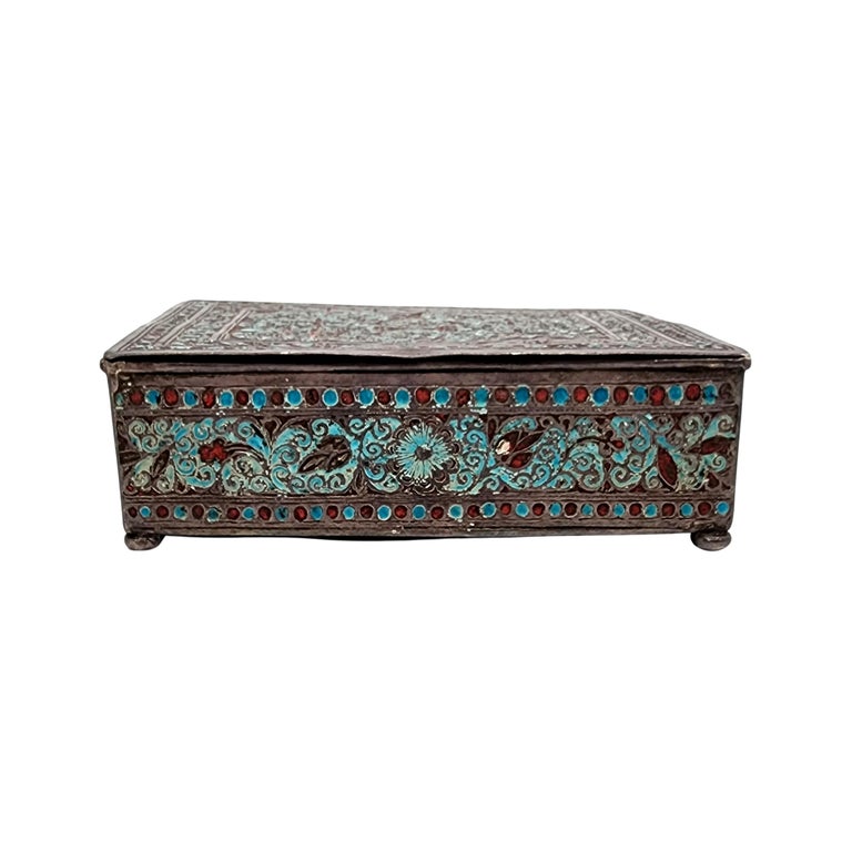 Handmade Middle Eastern Silver Enamel Box For Sale at 1stDibs