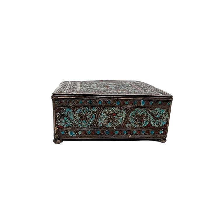Handmade Middle Eastern Silver Enamel Box For Sale at 1stDibs