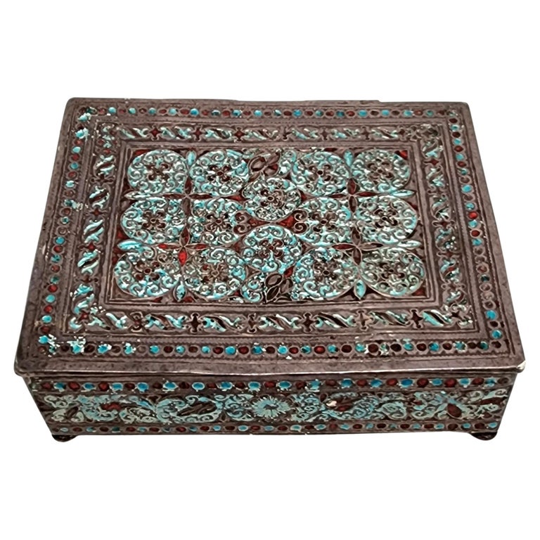 Handmade Middle Eastern Silver Enamel Box For Sale at 1stDibs