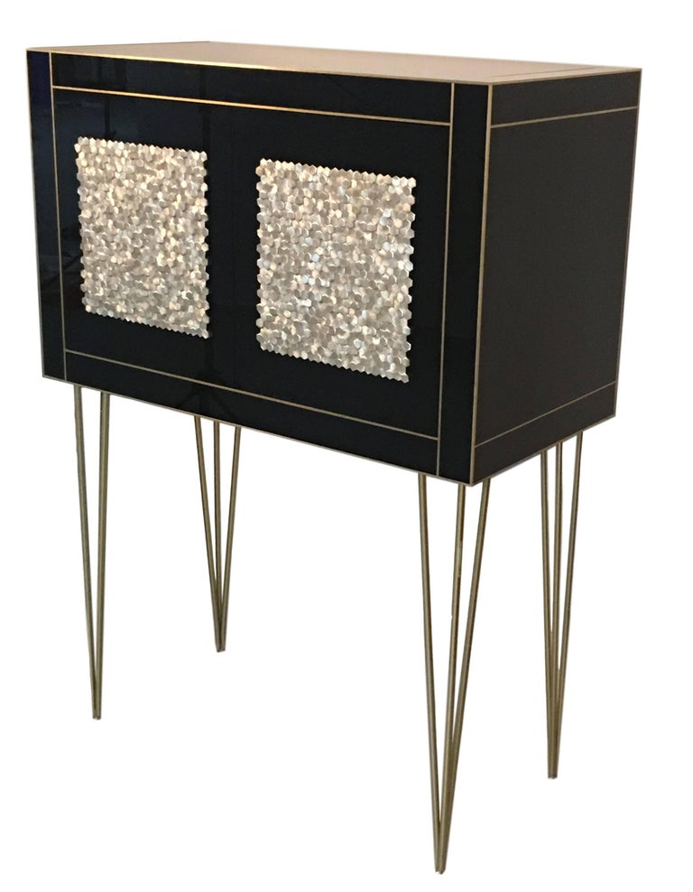 Handmade Mirrored Bar Cabinet on Stand in Murano Glass and Brass Inlay ...