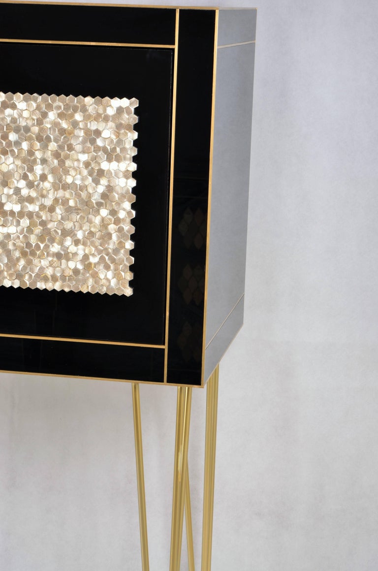 Handmade Mirrored Bar Cabinet on Stand in Murano Glass and Brass Inlay ...