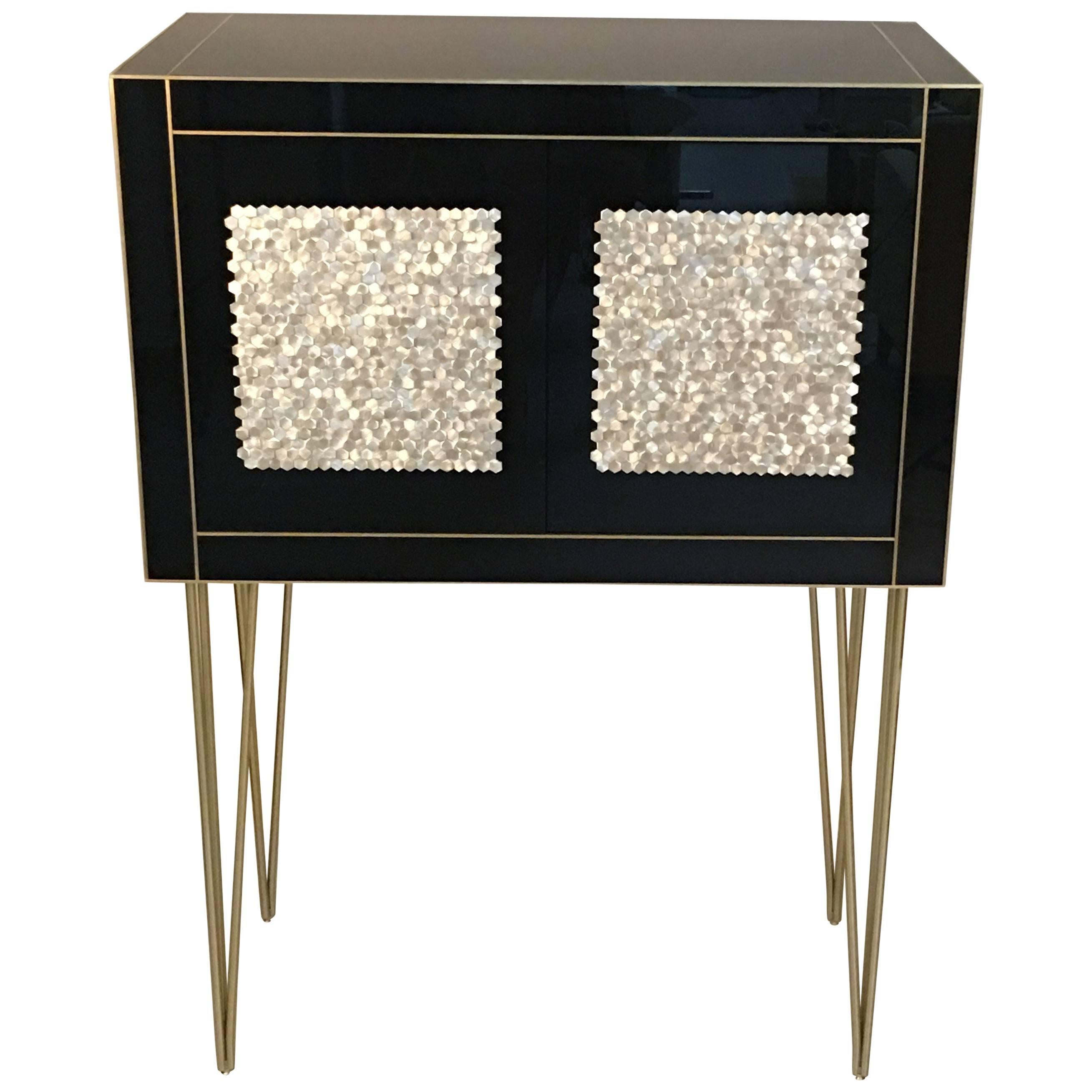 Handmade Mirrored Bar Cabinet on Stand in Murano Glass and Brass Inlay ...
