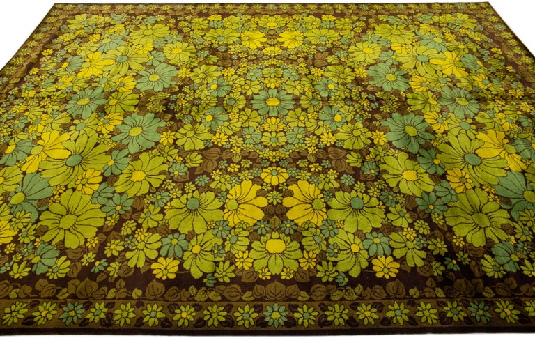 Handmade Vintage Floral Green Transitional Art and Crafts Wool Rug For ...