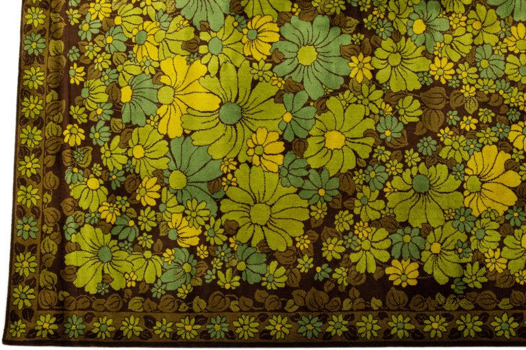 Handmade Vintage Floral Green Transitional Art and Crafts Wool Rug For ...