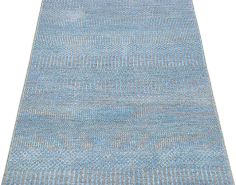 Handmade Modern Savannah Light Blue Wool Runner with Subtle Geometric ...