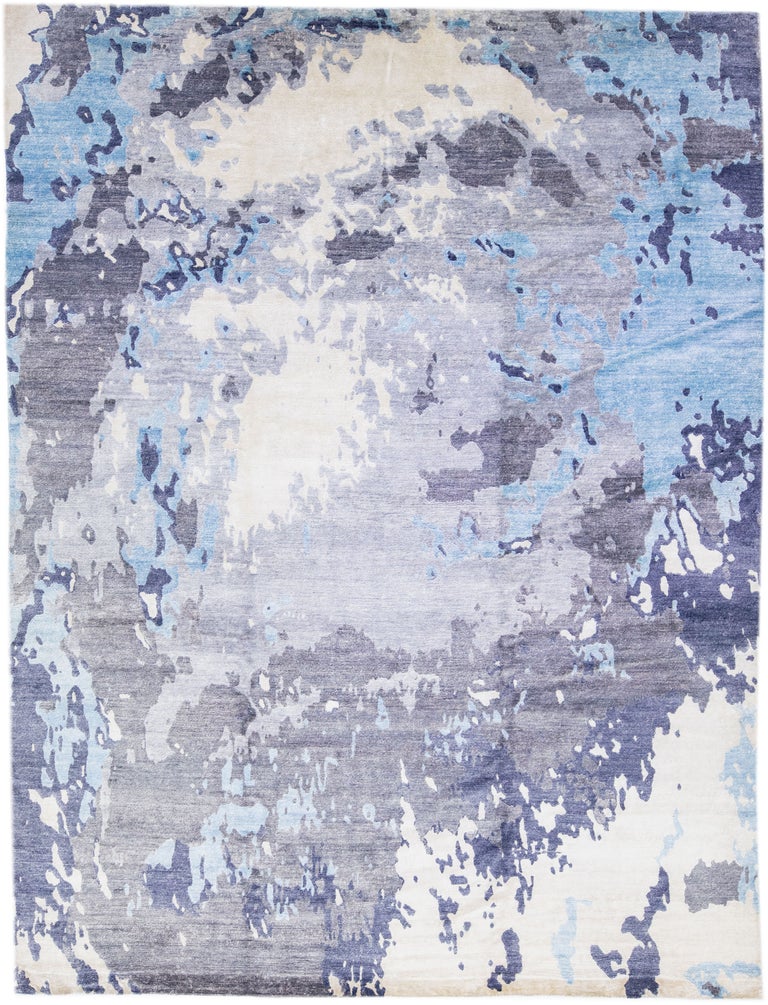 Handmade Modern Wool and Silk Rug With Gray And Blue Abstact Design For ...