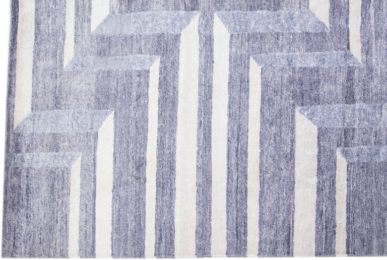 Handmade Modern Wool and Silk Rug with Gray Geometric Design For Sale ...
