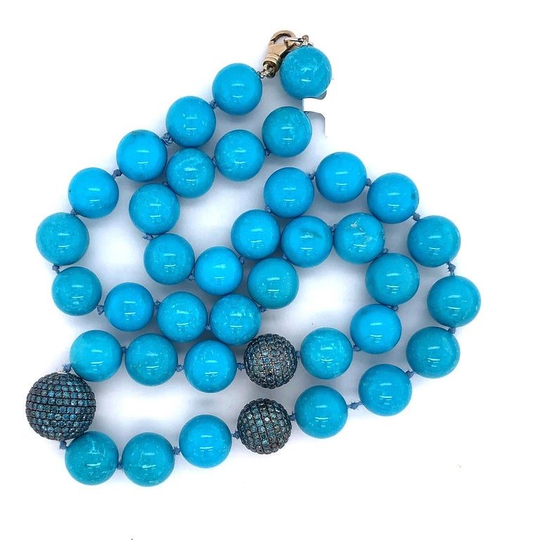 Natural Italian Turquoise Beads and Blue Diamonds Ball Necklace Made in ...