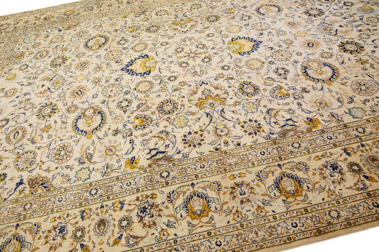 Handmade Persian Kashan Wool Rug Floral Antique In Beige For Sale at ...