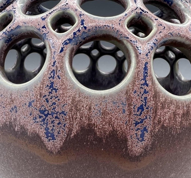 Handmade Pierced Ceramic Orb with Variegated Crystaline Glaze Pink\Blue ...
