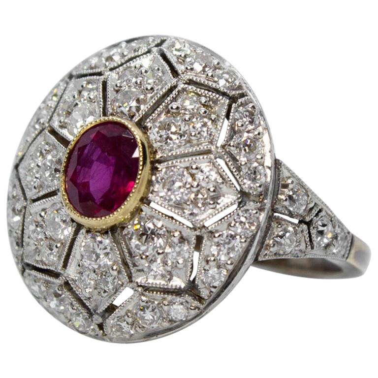 Handmade Platinum 1.10 Carat Ruby and Old Mine Cut Diamonds Ring at 1stDibs