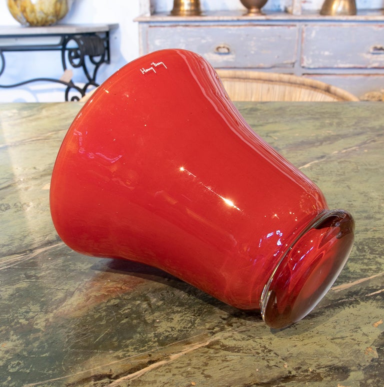 Handmade Red Glass Vase Signed by Henry Dean For Sale at 1stDibs