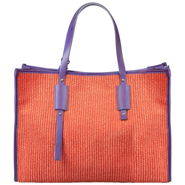 Handmade red rattan purple leather shoulder bag NWOT For Sale at 1stDibs