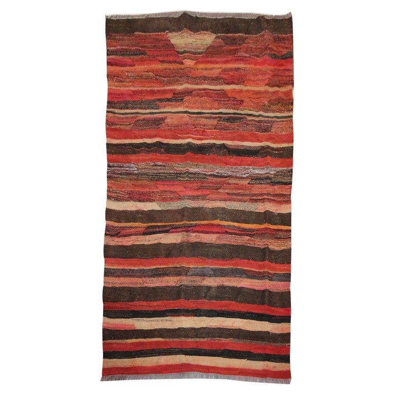Stiped Kilim Rug Traditional Flatwoven Handmade Red Rust Area Rug For ...