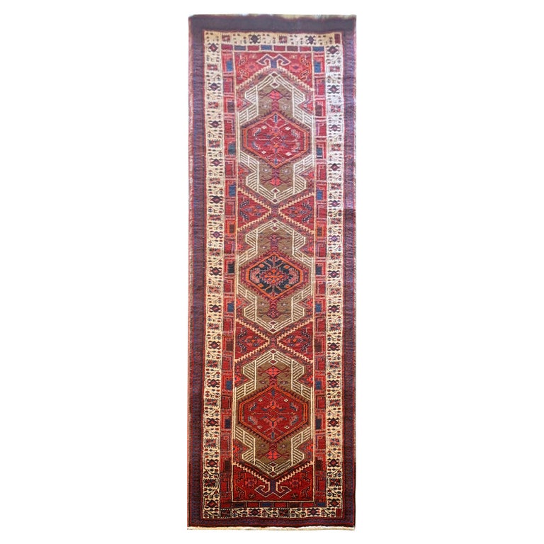 Handmade Runner Rug Geometric Oriental Red Wool Carpet For Sale at 1stDibs