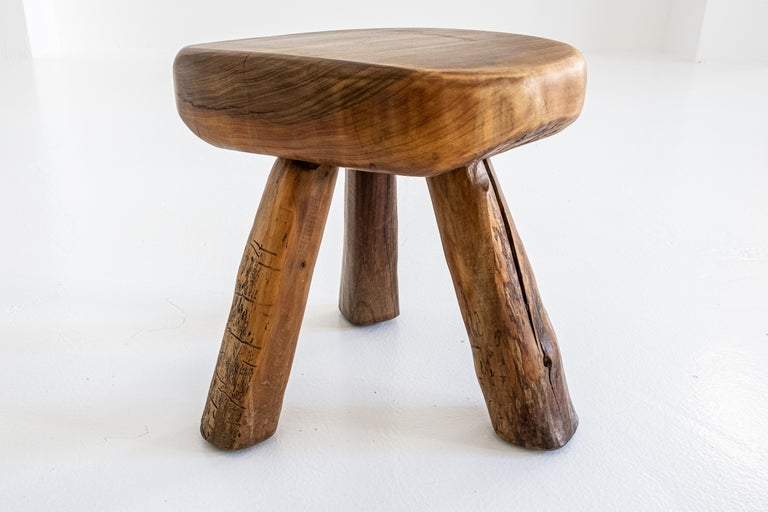 Handmade, Rustic, Sculptural, Massiv Olive Wood Tripod Stool or Side ...