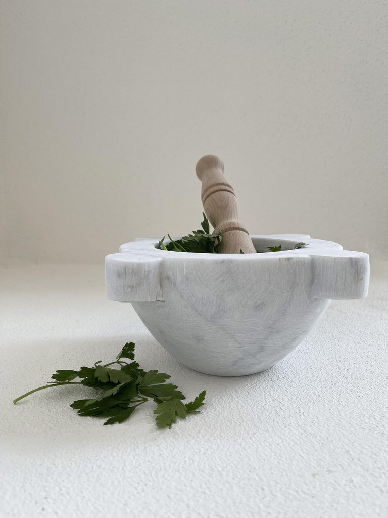 Handmade Satin White Carrara Marble Mortar with Pestle in Wood For Sale ...
