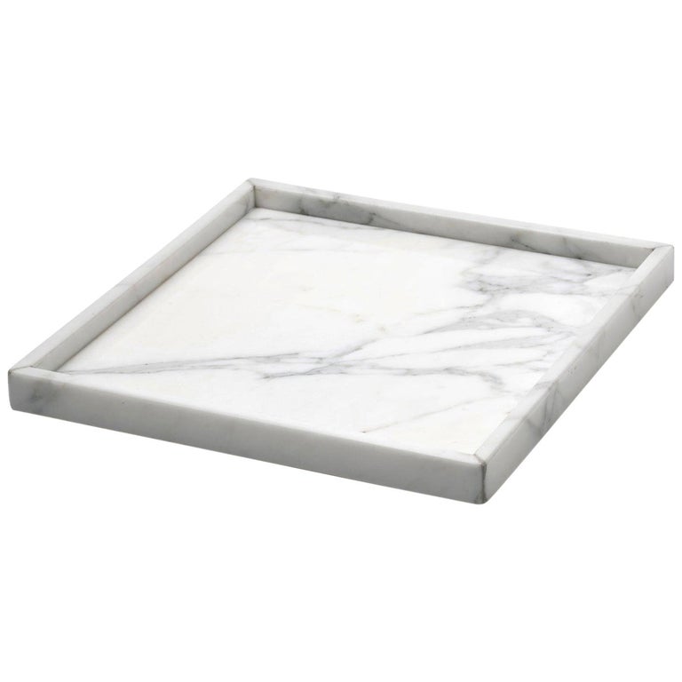 Handmade Squared White Carrara Marble Tray For Sale at 1stDibs