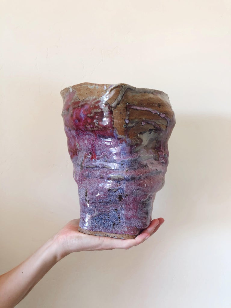 Handmade Triangular Pottery Vase in Amethyst Purple For Sale at 1stDibs