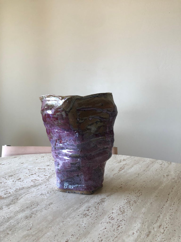 Handmade Triangular Pottery Vase in Amethyst Purple For Sale at 1stDibs
