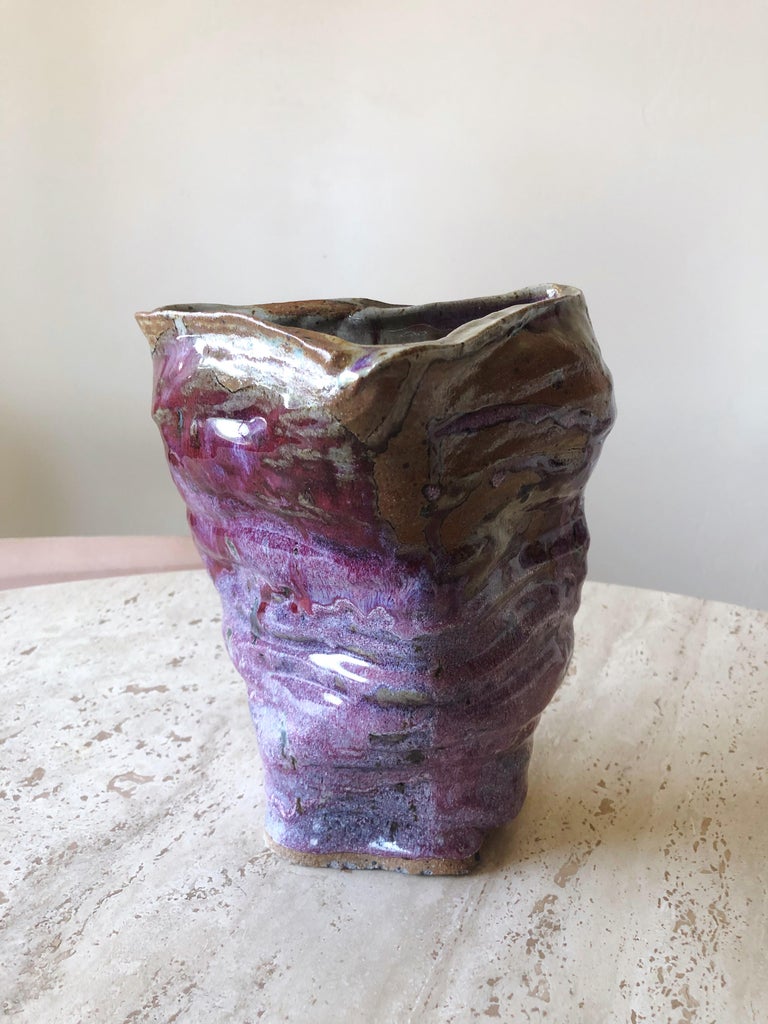 Handmade Triangular Pottery Vase in Amethyst Purple For Sale at 1stDibs