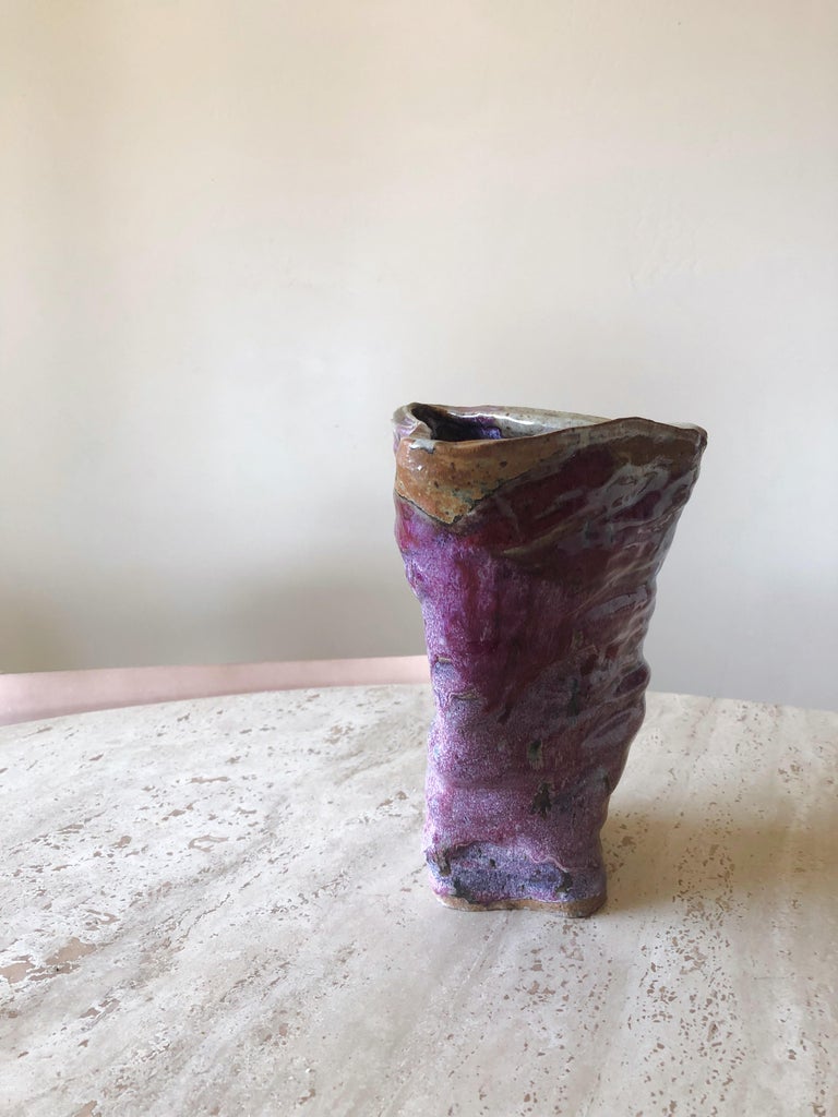 Handmade Triangular Pottery Vase in Amethyst Purple For Sale at 1stDibs
