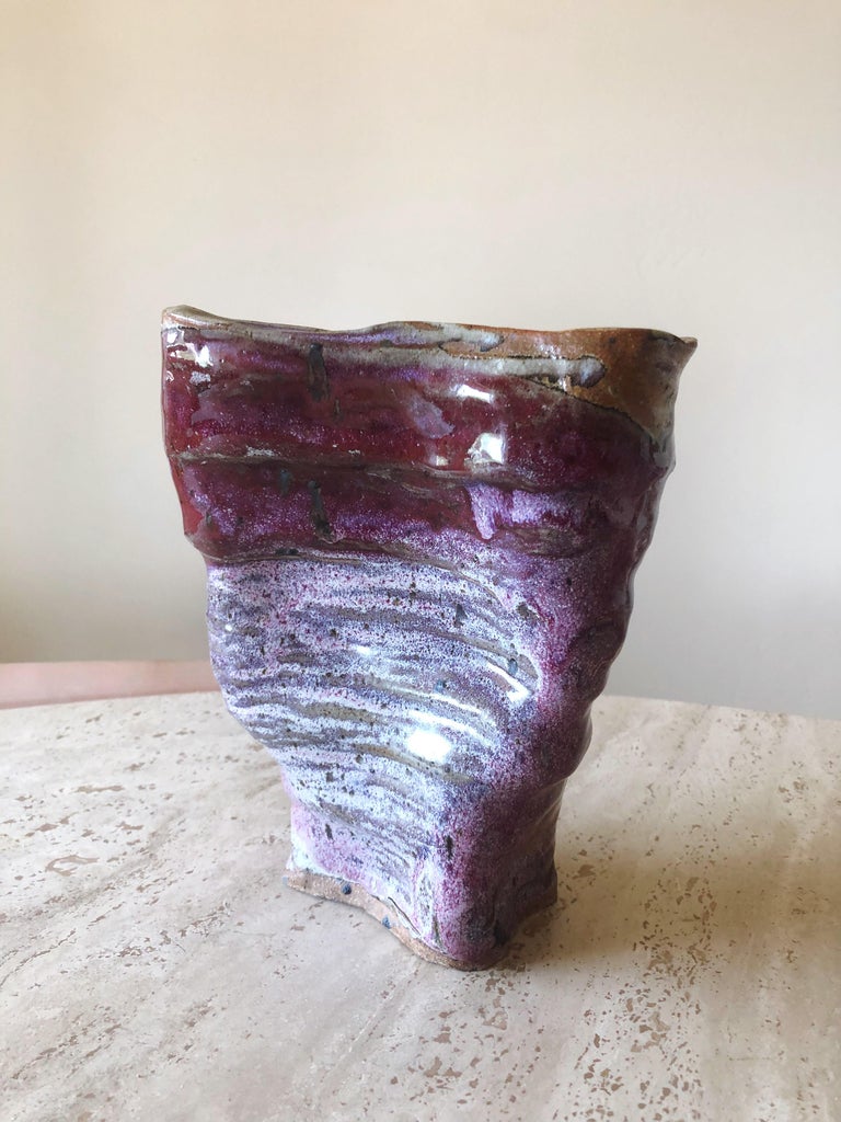 Handmade Triangular Pottery Vase in Amethyst Purple For Sale at 1stDibs