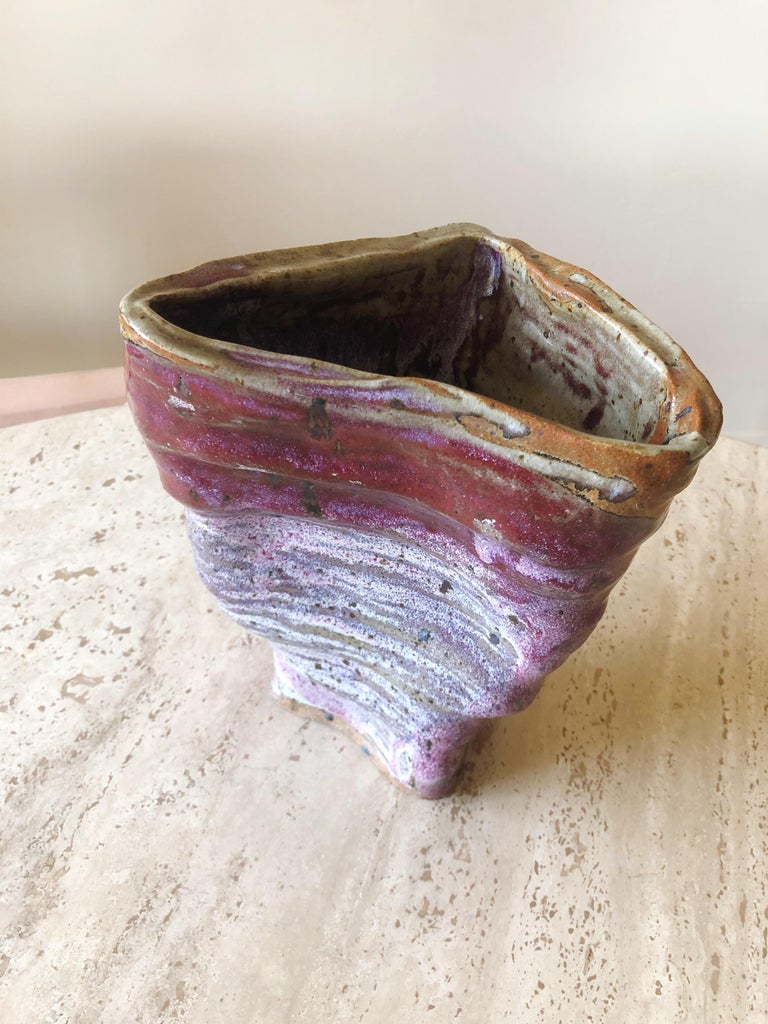 Handmade Triangular Pottery Vase in Amethyst Purple For Sale at 1stDibs