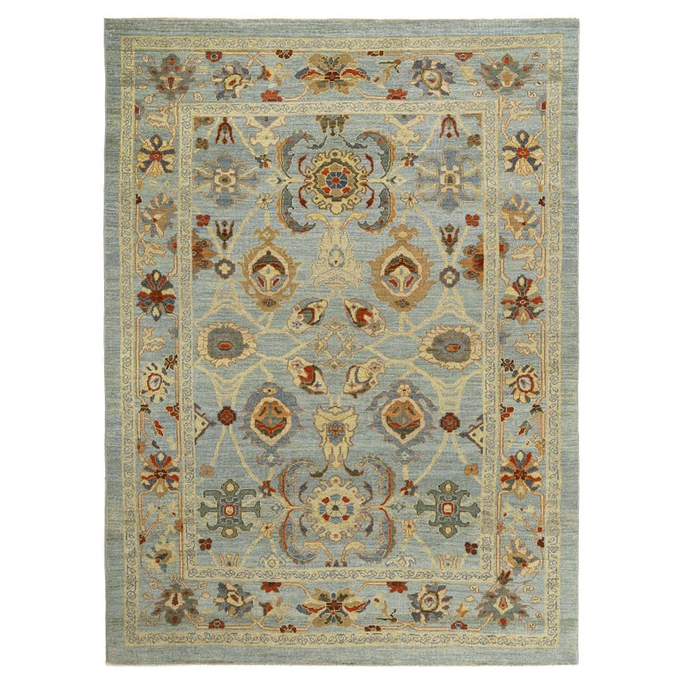Handmade Turkish Sultanabad Rug in Blue Grey and Green For Sale at 1stDibs