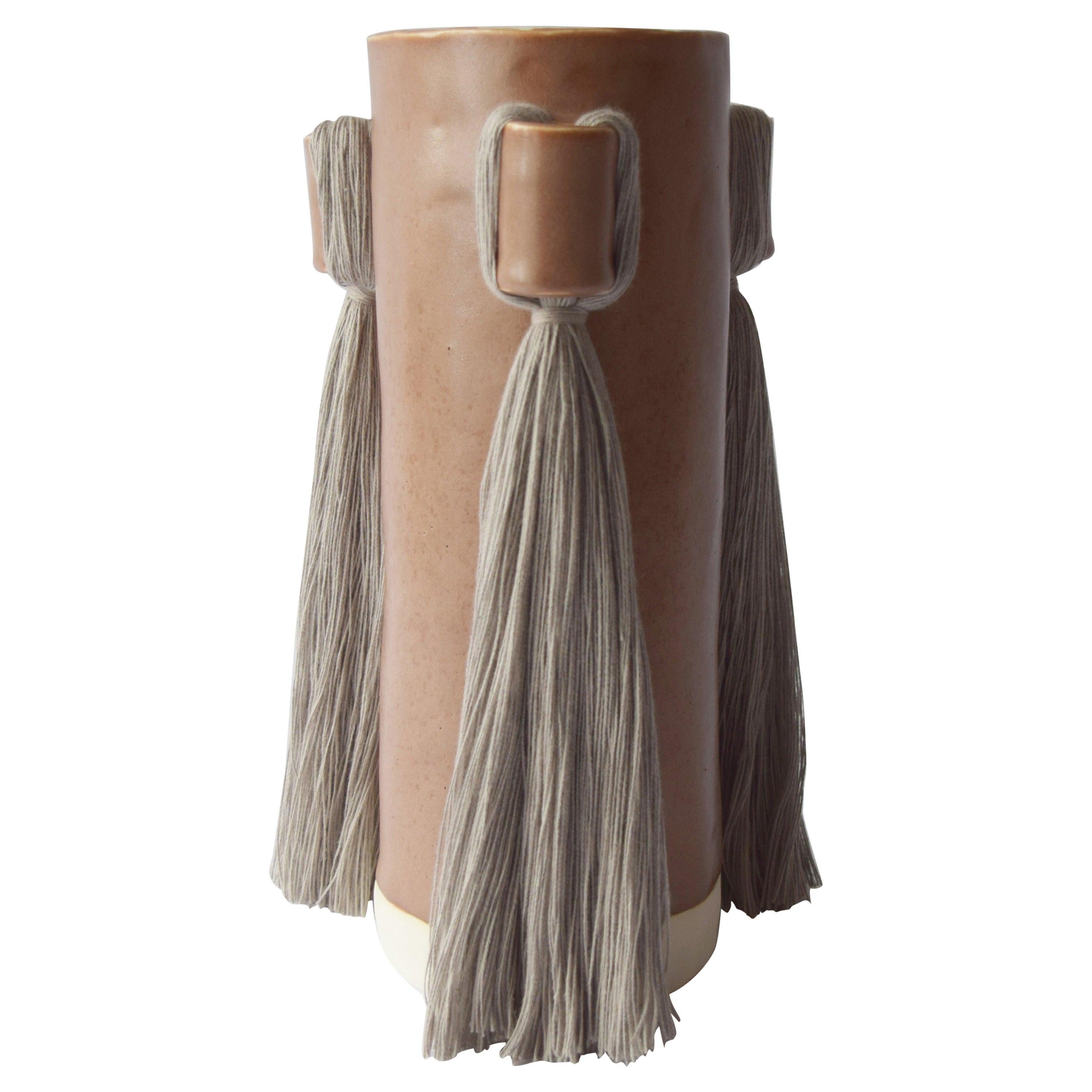 Handmade Ceramic Vase #607 in Satin Brown Glaze with Gray Cotton Fringe ...