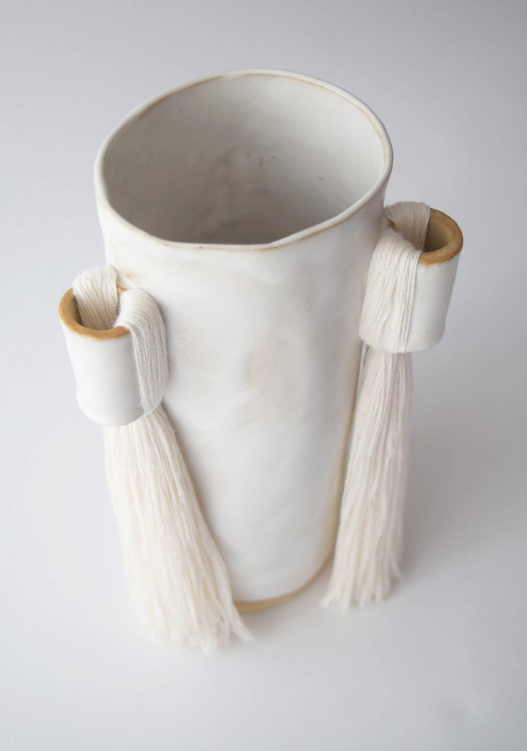 Handmade Ceramic Vase #607 in Satin White with White Cotton Fringe ...