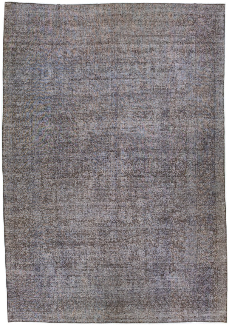 Handmade Vintage Overdyed Gray Wool Rug with Allover Floral Design For ...