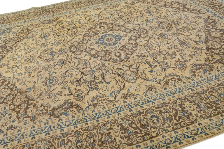 Handmade Vintage Persian Tabriz Tan Wool Rug With Medallion Design For ...