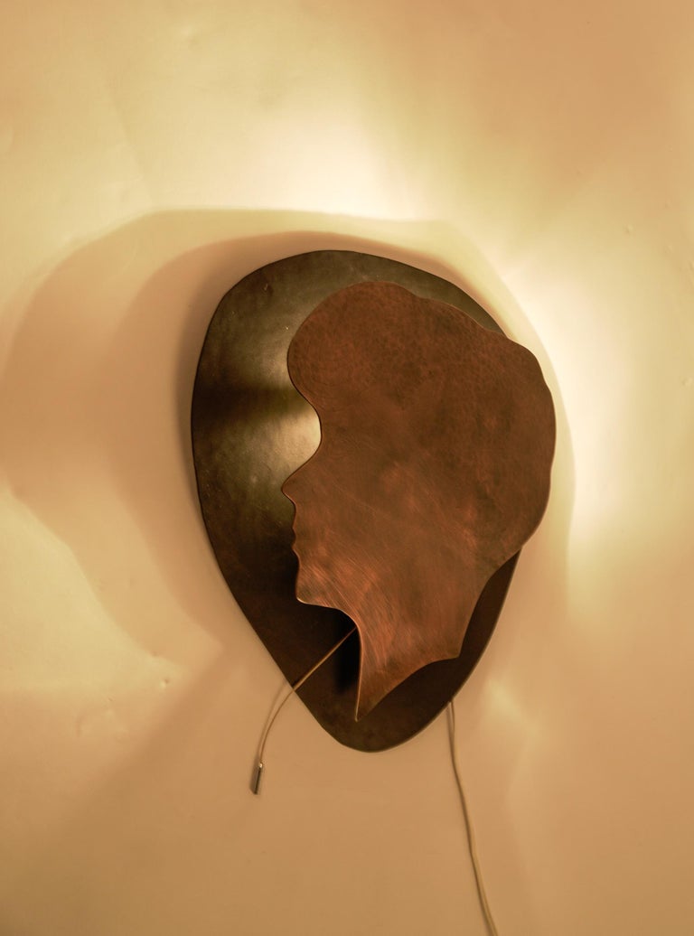 Handmade Woman's Head Wall Lamp in Solid Copper and Metal For Sale at ...