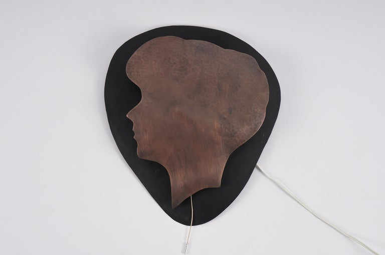 Handmade Woman's Head Wall Lamp in Solid Copper and Metal For Sale at ...