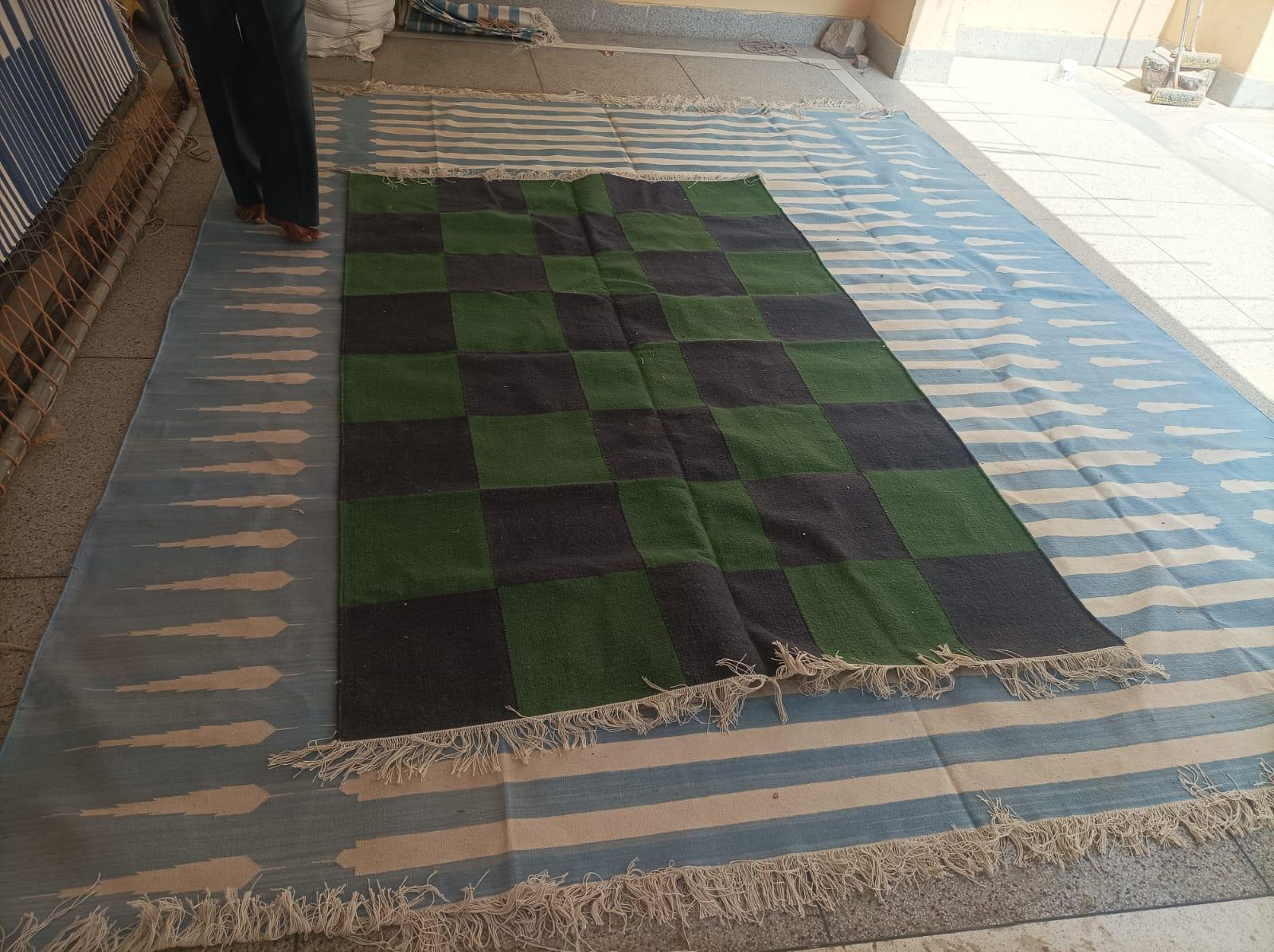 Handmade Woolen Area Flat Weave Rug, 5x8 Blue And Green Checker Board ...