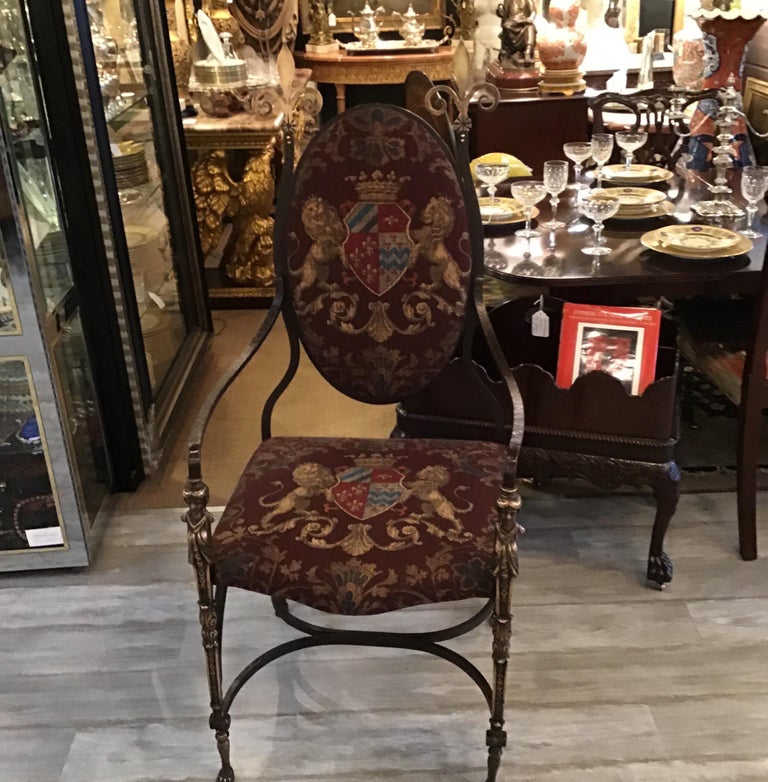 Handmade Wrought Iron and Burnished Brass Throne Chair with Armorial ...