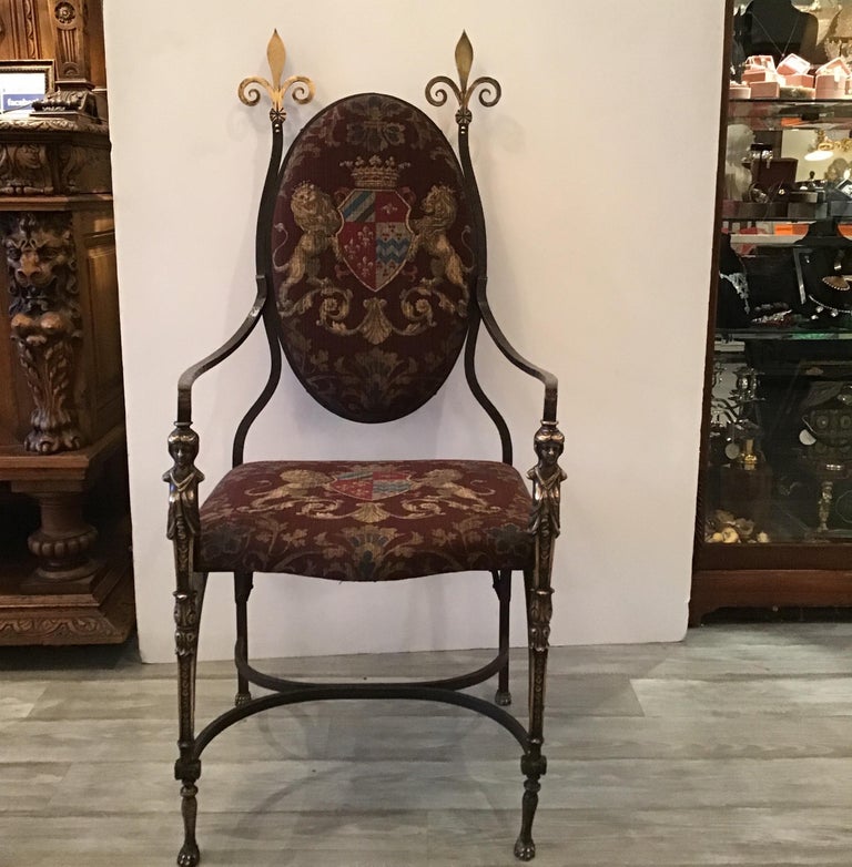 Handmade Wrought Iron and Burnished Brass Throne Chair with Armorial ...