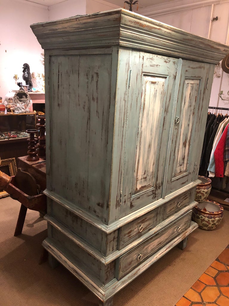 Handpainted Country Distressed Storage Cabinet Armoire For Sale at 1stDibs