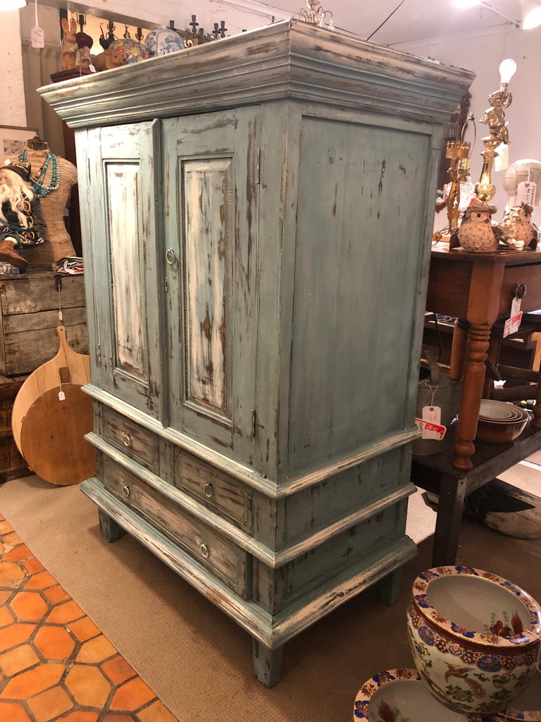 Handpainted Country Distressed Storage Cabinet Armoire For Sale at 1stDibs
