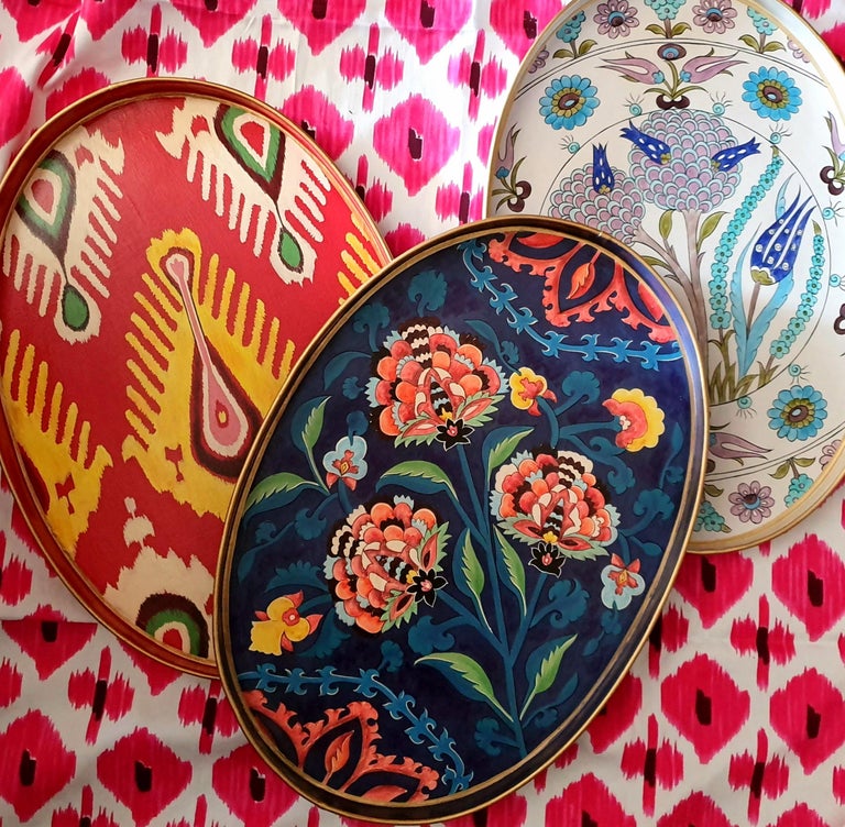 Handpainted Ikat Red Flames Iron Tray For Sale at 1stDibs