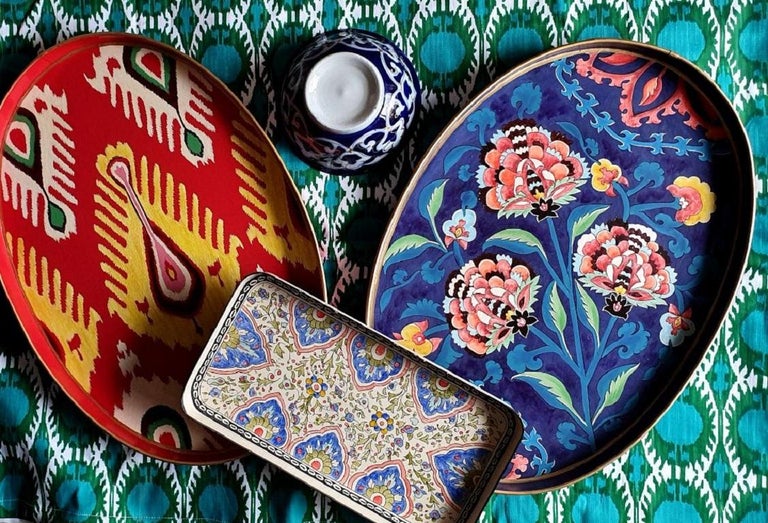 Handpainted Ikat Red Flames Iron Tray For Sale at 1stDibs