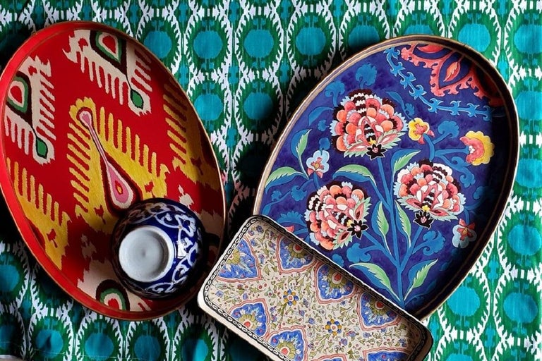Handpainted Ikat Red Flames Iron Tray For Sale at 1stDibs